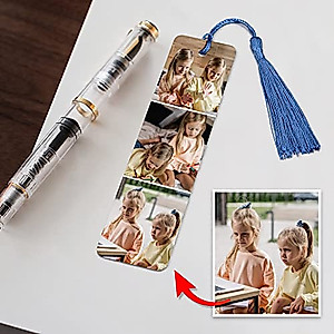 PiercingJ Personalized Metal Bookmark Custom Photo Book Mark with Blue Tassel for Book Worms Birthdays Christmas Valentine's Day Gift