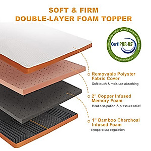 Maxzzz Mattress Topper Full, 3 Inch Memory Foam Bamboo Charcoal & Copper Dual Side Mattress Topper, Foam Topper with Breathable Removable Cover, Ventilated & CertiPUR-US Certified Bed Topper