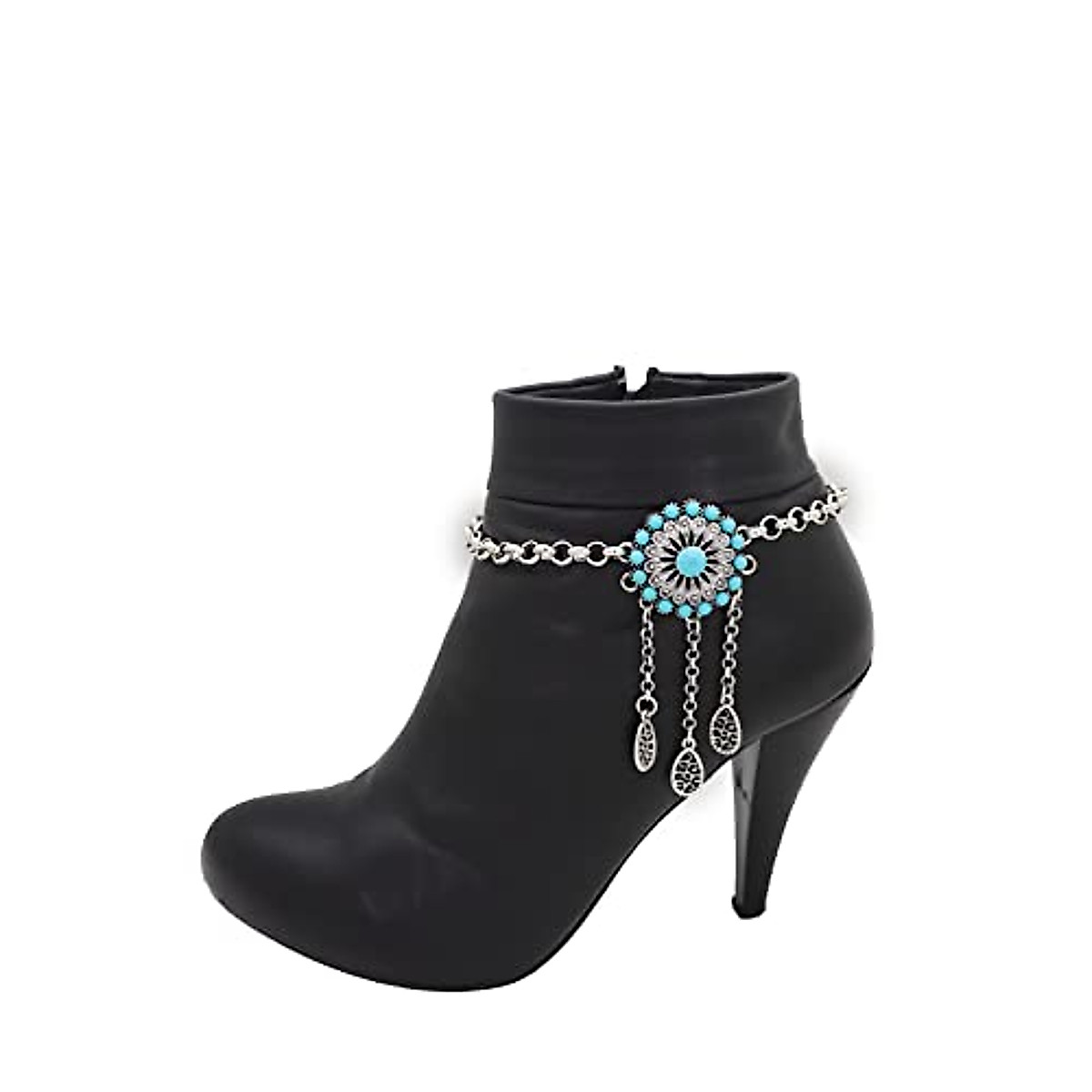 Women Western Fashion Jewelry Boot Bracelet Silver Metal Chain Shoe Anklet Turquoise Blue Beads Flower
