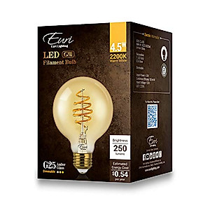 Euri Lighting VG25-3020ad, Dimmable LED G25 Filament, 4.5W, 250lm, 80 CRI, Warm White (2200K), 320° Beam, E26, 120V, Amber Glass, Wet Rated, UL, 2YR, 15K HR WTY, One Count