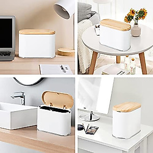 SYNCVIBE Mini Trash Can with lid Small Countertop Trash Can with Wood Grain Lid, 0.5 Gallon Tiny Desktop Wastebasket with Lid, 2 Liter Pop Up Plastic Trash Bin for Bathroom, Bedside, Study, Office