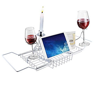 Bath Tray for Tub, Adjustable Bathtub Caddy Tray with Extending Side, Metal Bathtub Shelf Expandable Storage Rack Organizer with Wine Glass and Phone Holder for Home Bathroom Luxury Bathing, Silver