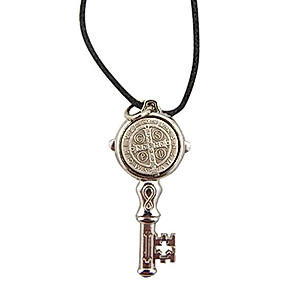 Silver Toned Base Saint St Benedict Jubilee Medal Key Pendant, 1 1/4 Inch