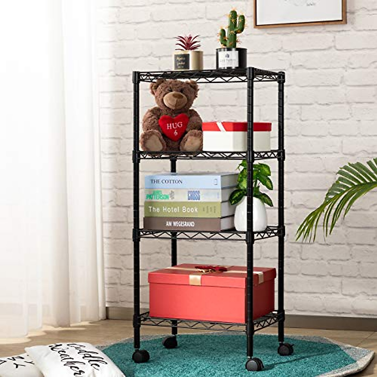 MATICO 4-Shelf Adjustable Steel Storage Shelf Unit with Wheels, Heavy Duty Metal Shelving Rack for Space Saving, Black