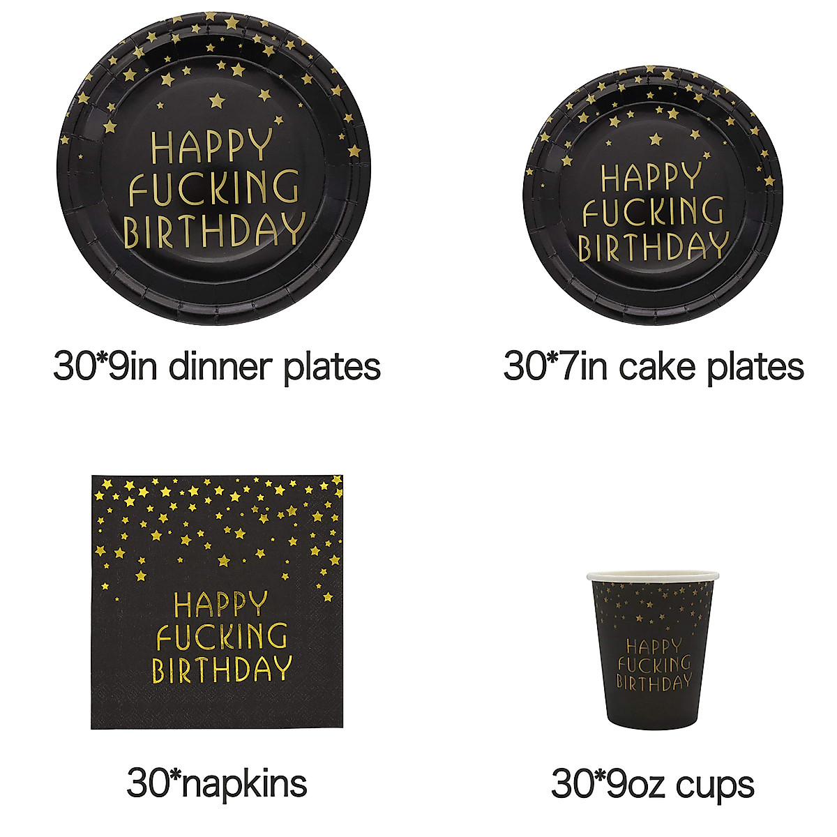 Pandecor 120 PCS Black and Gold Happy FING Birthday party supplies -Serves 30- Include Dinner Plates,Dessert Plates,Cups and Napkins for Adult Funny Birthday Party