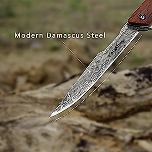 ALBATROSS EDC Thin VG10 Damascus Camping Folding Pocket Knife; 3.5" Damascus Blade, 4.5" Yellow Sandalwood Handle,Gifts Box/Collections (HGDK025)