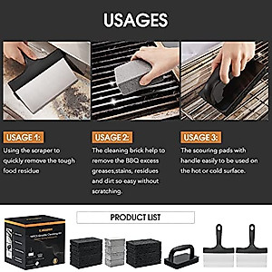 AWEASROY 19PCS Griddle Cleaning Kit for Blackstone, Heavy Duty Flat Top Grill Cleaning Kit, Remove Stain Easily 2 Grill Scrapers, 1 Cleaning Handle, 12 Scouring Pads, 4 Cleaning Bricks