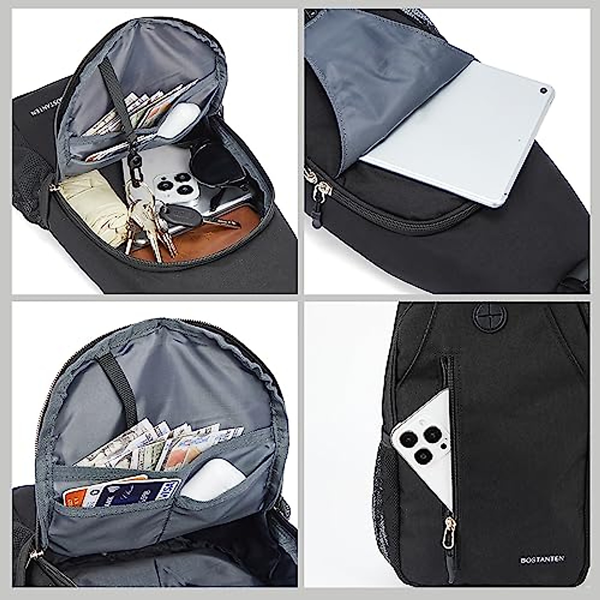 BOSTANTEN Sling Bag, Crossbody Backpack RFID Shoulder Chest Bag for Men Women Travel Hiking Casual Daypack, Black