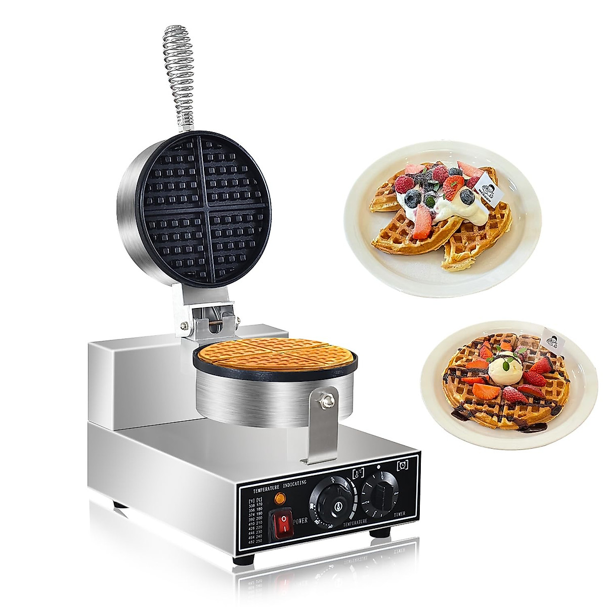 Commercial Waffle Maker, 1300w Round Waffle Baker Machine, Non-Stick Stainless Steel Belgian Waffle Iron with Temperature and Time Control, for Restaurant Bakery Snack Bar Family