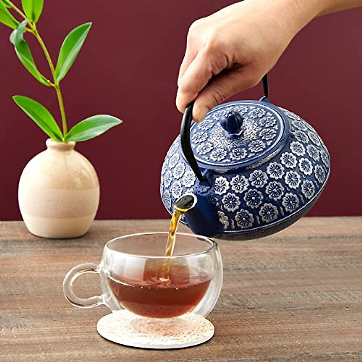 Blue Cast Iron Chinese Teapot with Infuser for Loose Leaf Tea, Includes Handle and Removable Lid (34oz)