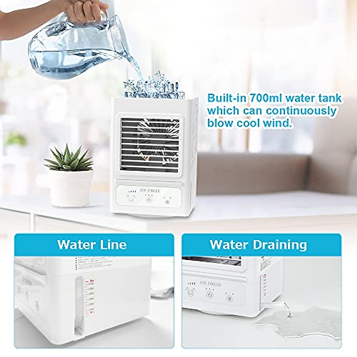 Portable Air Conditioner with 3 Wind Speeds,60°&120°Auto Oscillation Evaporative Portable Air Conditioner Fan,Quite Personal Air Cooler Humidifier for Home Office Outdoor,White