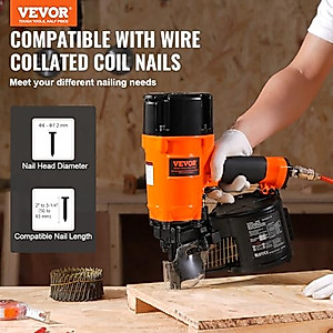 VEVOR Coil Siding/Framing Nailer CN83N, 2" to 3-1/4" 15 Degree Pneumatic Siding Nail Gun with Tool-Less Depth Adjustment, 70-120PSI Air Coil Nailer for Siding Sheathing Wooding Fencing Decking