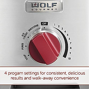 Wolf Gourmet Pro-Performance Blender, 64 oz Jar, 4 program settings, 12.5 AMPS, Blends Food, Shakes and Smoothies, Red Knob, Stainless Steel (WGBL200S)