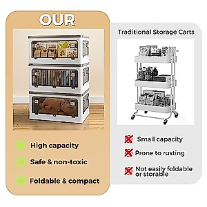 YumiHoe Stackable Storage Bins with Lids -Folding & Sturdy Plastic Storage Container Boxes for Closet, 8.8Gal Shoes, Crafts Organizer with Wheels (3 PACK White)