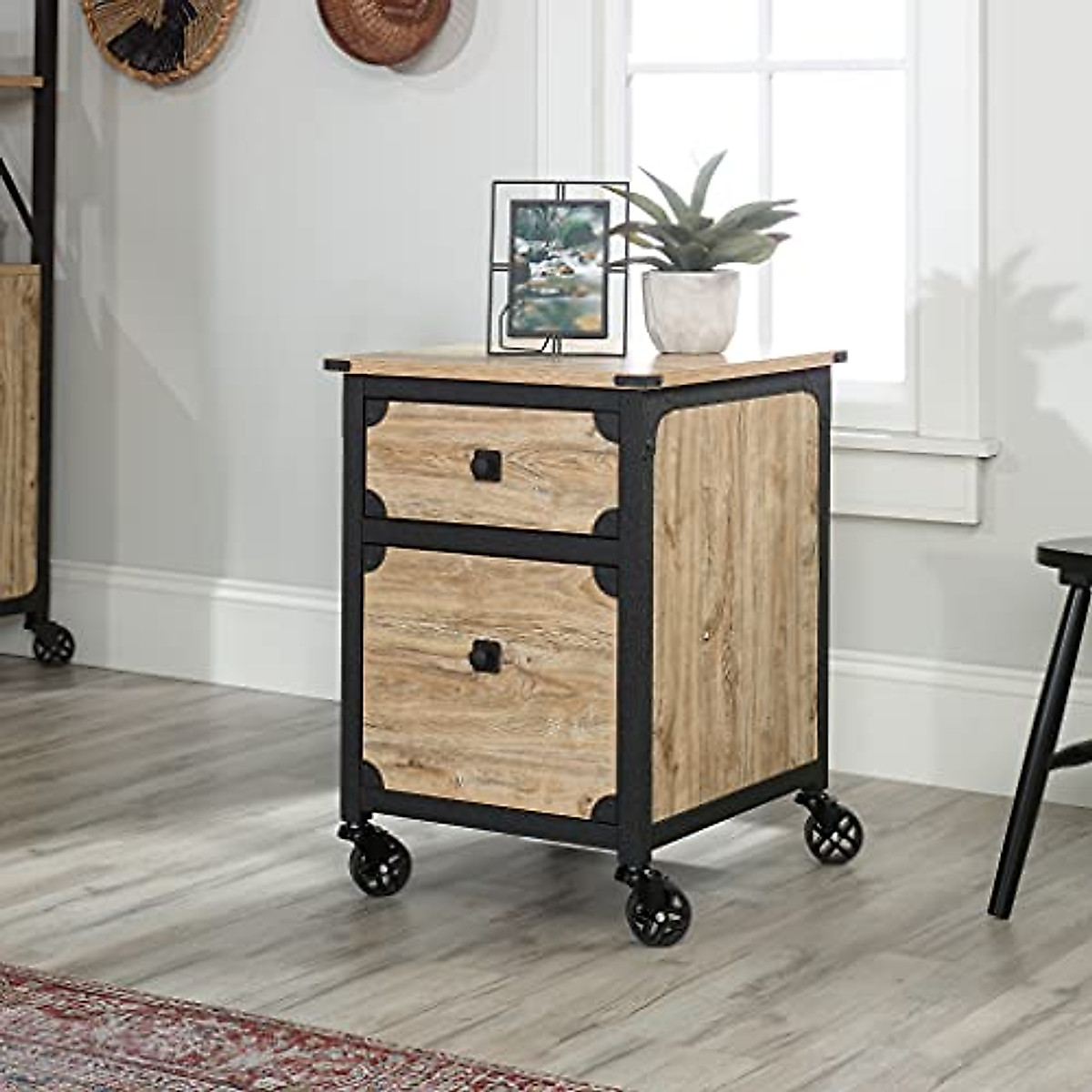 Sauder Steel River L-Shaped Desk, L: 59.84" x W: 57.32" x H: 29.53", Milled Mesquite Finish & Steel River Pedestal File Cabinet, L: 20.87" x W: 23.86" x H: 26.58", Milled Mesquite Finish