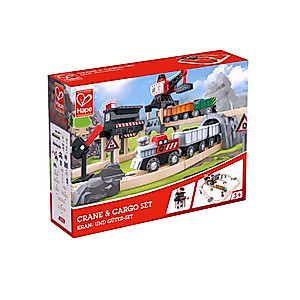 Hape Crane and Cargo Train Set | Wooden Railway Toy Set with Magnetic Crane, Button Operated Loader and Adjustable Rail Signal