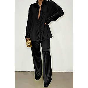 PRETTYGARDEN Women's 2 Piece Satin Outfits Long Sleeve Button Down Tops Wide Leg Pants Silk Loungewear Pajama Sets (Black,Medium)