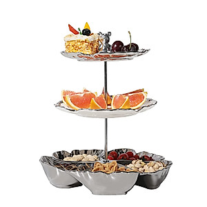 Acliys 3 Tier Serving Stand with Porcelain Serving Platter, Divided Serving Dishes, Cupcake Stand, Dessert Table Display Set for Fruit Nut Pastry Chips and Dip, Veggies, Candy and Snacks