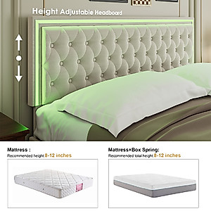 Keyluv King Upholstered LED Bed Frame with 4 Drawers, Velvet Platform Storage Bed with Adjustable Button Tufted Headboard and Solid Wooden Slats Support, No Box Spring Needed, Beige