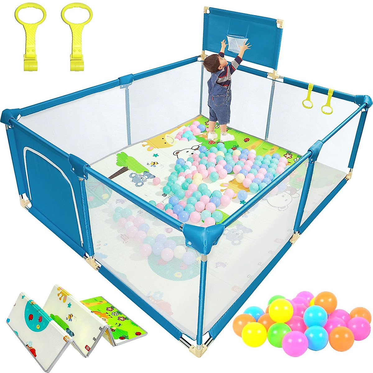 Baby Playpen for Toddlers,71"x59" Inch Extra Large Playpen with Non-Slip Suction Cups, 2 Handle Loops, Ocean Ball and Animal Pattern Crawling Mat,Sturdy and Safe Playpen with Basketball Hoop.