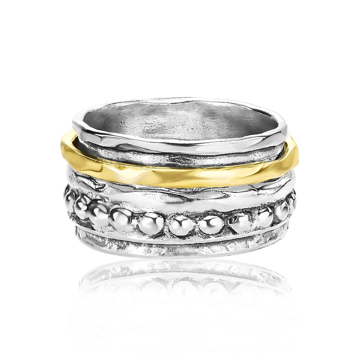 925 Sterling Silver/14K Gold Plated Silver Spinner Ring Unisex, Bold Hammered Beaded/Freshwater Pearl Floral Etched and Hammered, Oxidized, Hypoallergenic, Nickel Lead-free, Made in Israel (Size 5-11)