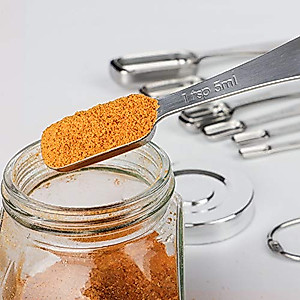 FANGSUN Stainless Steel Narrow Measuring Spoons, Heavy Duty Metal Measuring Spoons with Long Handle and Engraved Measurements Set of 10, For Dry or Liquid, Fits in Spice Jar