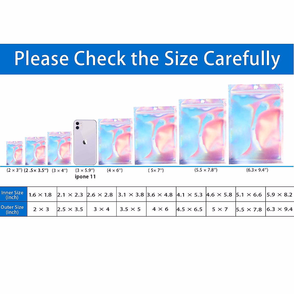 Malastar 3x4 inch 100PCS Resealable Smell Proof Bags,Holographic Packaging Bags,Foil Pouch Baggies Clear Small Mylar Ziplock Bag for Jewelry,Candy,Food Storage,Party Favor