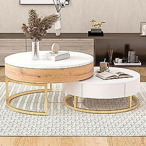 Modern Round Lift-top Nesting Coffee Tables with 2 Drawers, Wood Cocktail Table Center Table with Metal Pedestal & Concealed Storage Compartment for Living Room (Oak Natural Wood + Antique White-74)