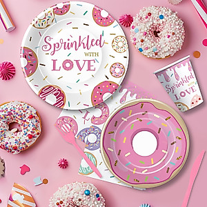 Suhelkit Donut Baby Sprinkle Decorations Tableware Girl - Sprinkled with Love Baby Shower Party Supplies, Paper Plate, Napkin, Cup, Tablecloth, Cutlery, Pink Donut Baby Shower Decorations | 24 Guests