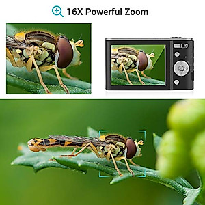 CalmGeek Portable Digital Camera 48MP 2.7K 2.88-inch IPS Screen 16X Zoom Auto Focus Self-Timer 128GB Extended Memory Face Detection -Shaking with 2pcs Batteries Hand Strap Carry Pouch
