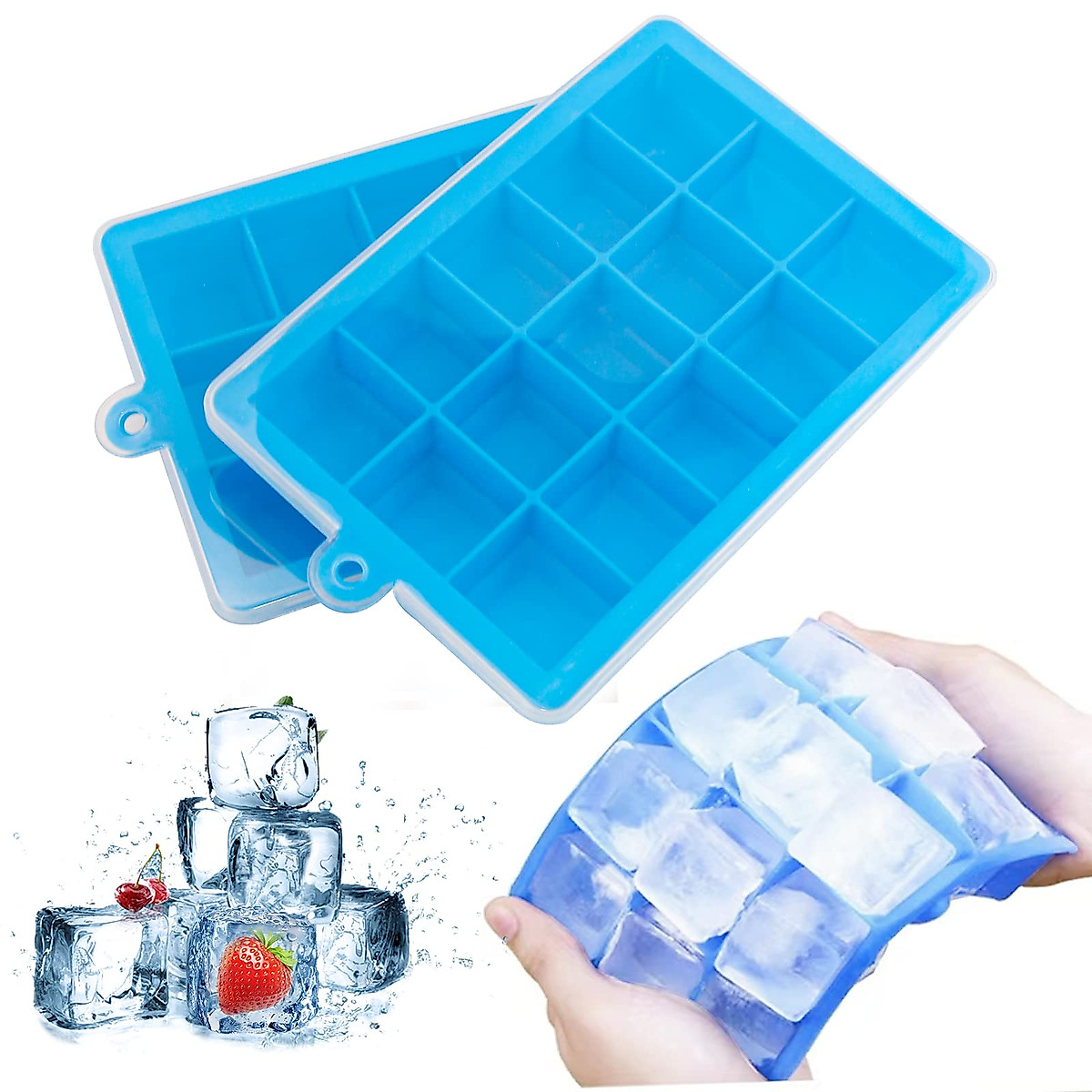 Silicone Ice Cube Tray with Lid, 2 Pack Stackable Ice Trays for Freezer, 30 Pcs Ice Molds Blue