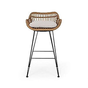 Great Deal Furniture Candance Outdoor Wicker Barstools with Cushions (Set of 4), Light Brown and Beige