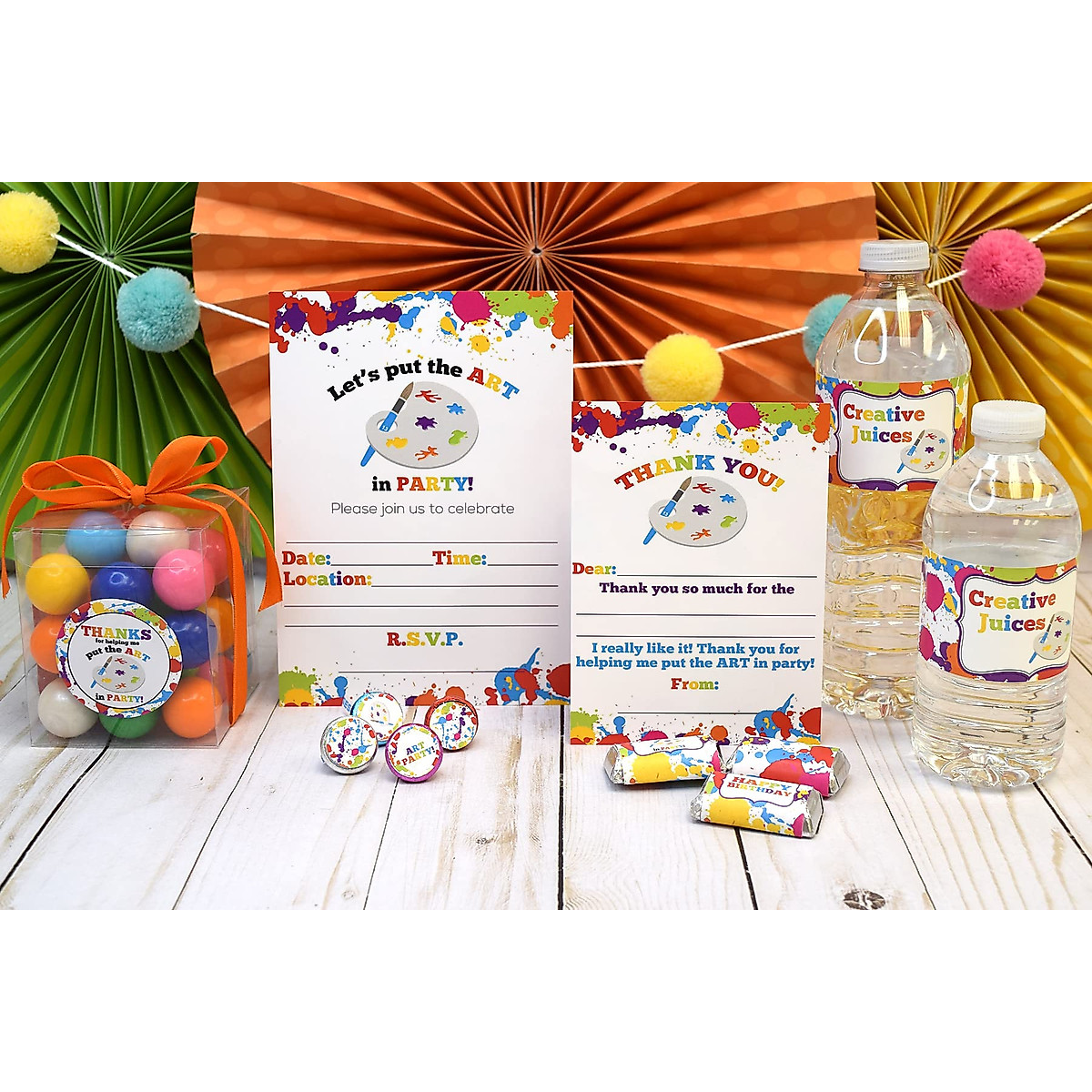 Amanda Creation Deluxe Art Party Paint Splatter Birthday Party Bundle Includes 20 Invitations & Thank You Cards with Envelopes + 3 Different Sizes of Stickers & Water Bottle Labels!