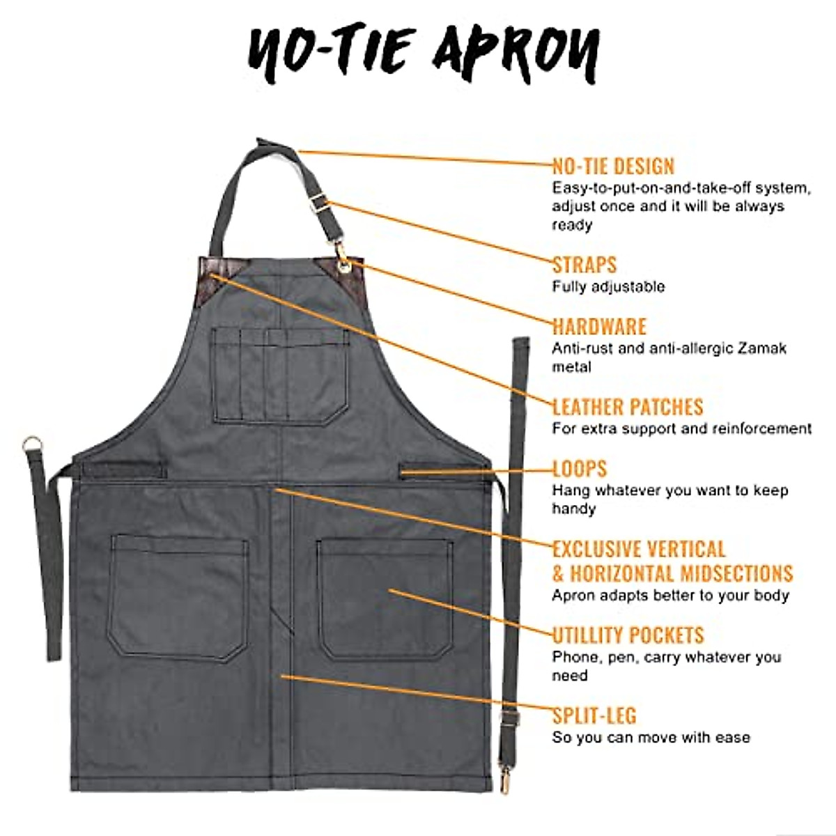Under NY Sky No-Tie Armor Gray Apron – Durable Twill with Leather Reinforcement, Split-Leg – Adjustable for Men and Women – Pro Barber, Tattoo, Barista, Bartender, Baker, Hair Stylist, Server Apron