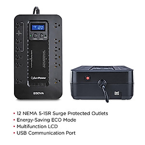 CyberPower EC850LCD Ecologic Battery Backup & Surge Protector UPS System, 850VA/510W, 12 Outlets, ECO Mode, Compact, Uninterruptible Power Supply