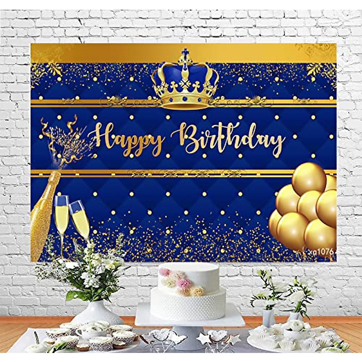 InMemory Royal Blue and Gold Birthday Backdrop for Men Golden Crown Champagne Balloons Happy Birthday Background Boys Womens Bday Party Event Decoration Banner Selfie Photo Booth Supplies Prop 5x3ft