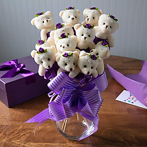 Deluxe Christmas Purple Teddy Bear Bouquet in Gift Box - One Dozen Long Stemmed Rose Stuffed Plush Bears w Tutus -Gift Wrapped Bow & Ribbon- Great X-Mas Gift for Kids, Girlfriend, Boyfriend, Loved One