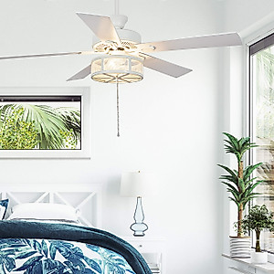 RIVER OF GOODS Alabaster LED Mesh Caged Ceiling Fan - 52" L X 52" W - White/Oak Wood-Grain Blades