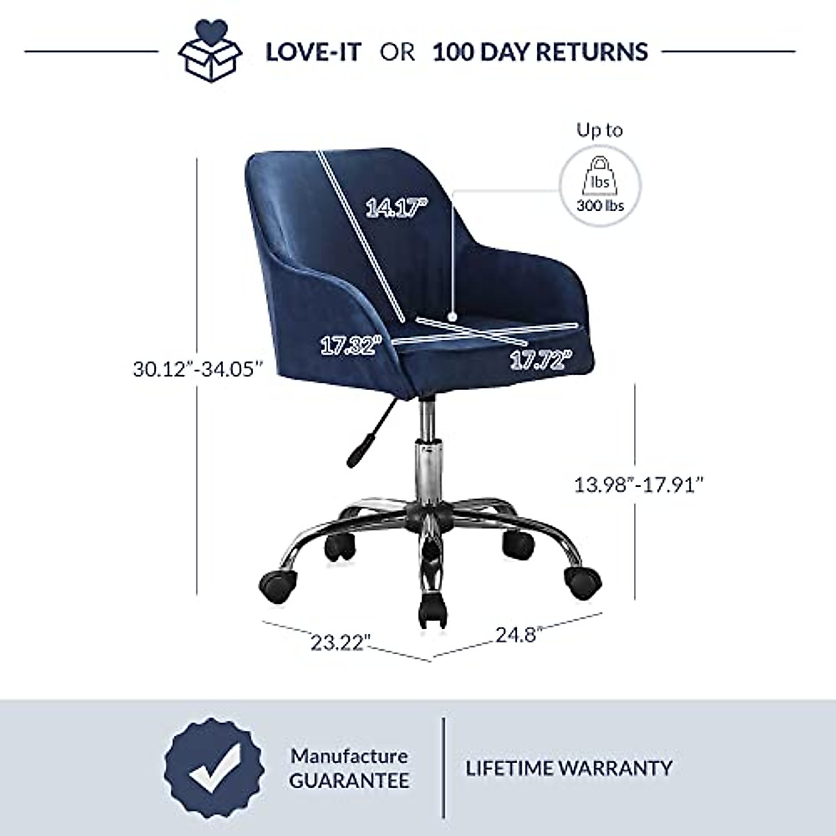 BELLEZE Modern Office Ergonomic Computer Desk Chair with Mid-Back Design, Thick Padded Velvet Seat, and Built-in Lumbar Support 360 Swivel Adjustable Height - Nora (Blue)