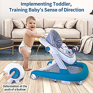 Foldable Baby Walker, 3 in 1 Toddler Walker Bouncer, Learning-Seated, Walk-Behind, Music, Adjustable Height, High Back Padded Seat, Detachable Trampoline Mat, Activity Walker with Toys (Blue)