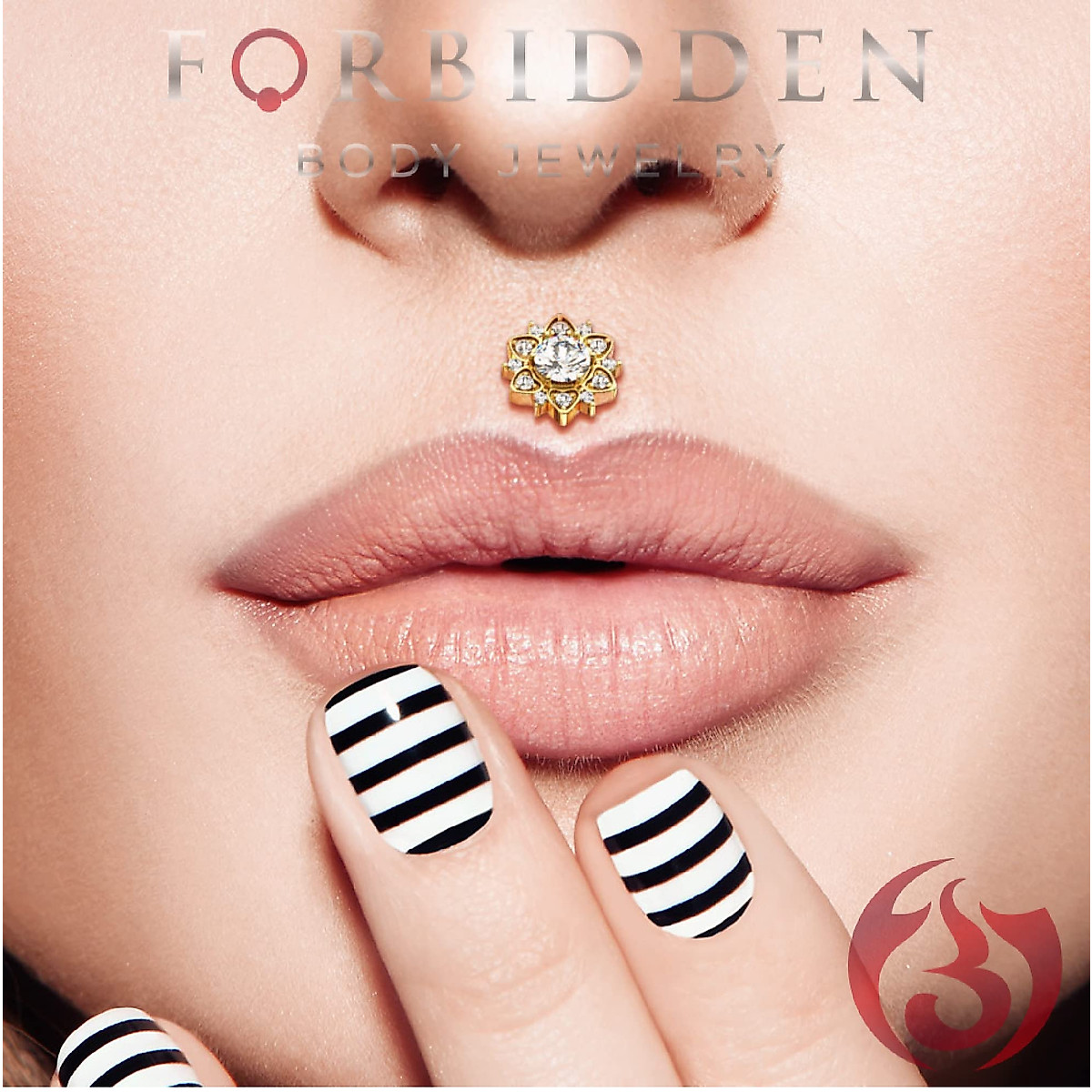 Forbidden Body Jewelry 16g 8mm Internally Threaded Cartilage, Tragus, Labret, Monroe Stud w/CZ Floral Top, Rhodium Plated