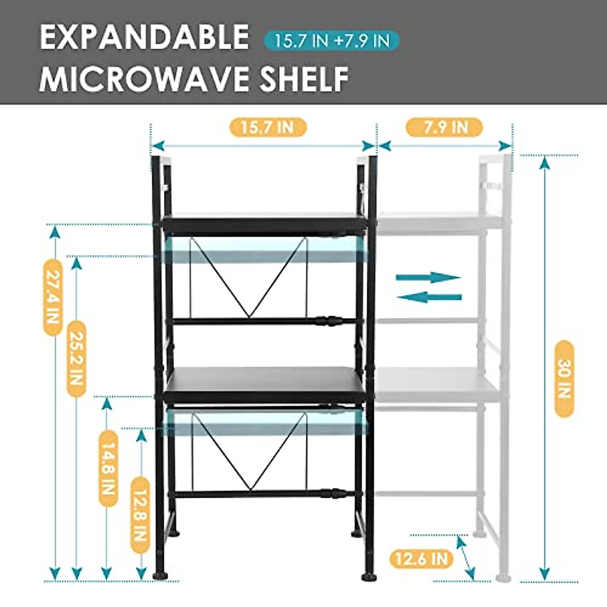 DOLALIKE Microwave Oven Rack, Expandable Microwave Stand Countertop Kitchen Utensils Tableware Storage, Carbon Steel Over Microwave Shelf Countertop 3 Tier with 3 Hooks