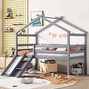 Bellemave Twin Size Kids Low Loft Bed,House Loft Bed with Slide and Ladder,Solid Wood Low Loft Bed with Safety Guardrails for Girls Boys,Grey