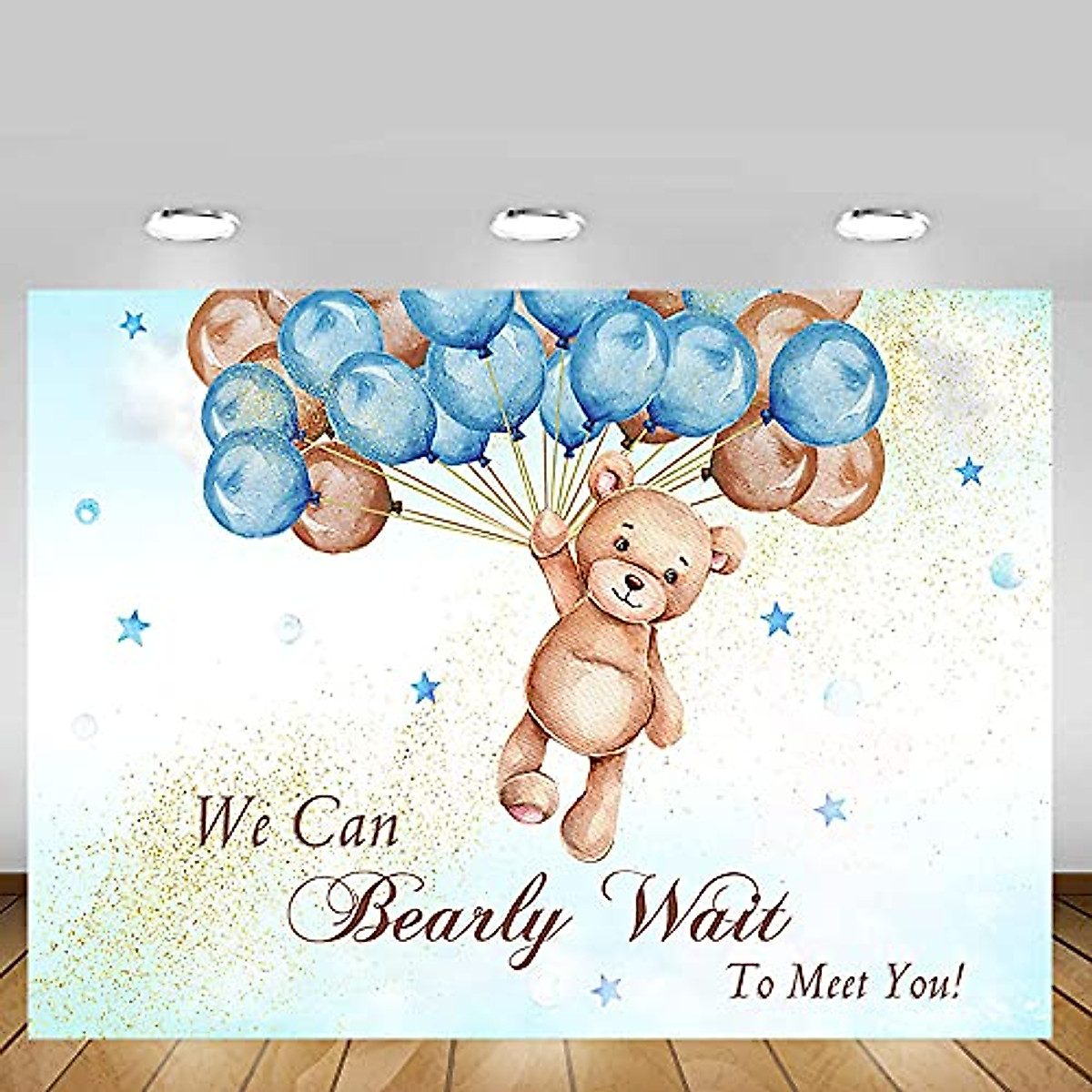 MEHOFOND 7x5ft Bear Boy Baby Shower Backdrop We Can Bearly Wait to Meet You Blue Brown Balloons Gold Glitter Photography Background Party Banner Cake Table Decor Photo Booth Props Supplies