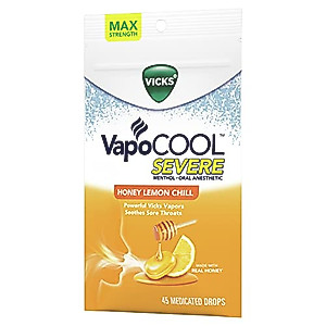 Vicks VapoCOOL Severe, Medicated Drops, Menthol Soothes Sore Throat Pain Caused by Cough, Honey Lemon Chill Flavor, 225 Drops (5 Packs of 45)