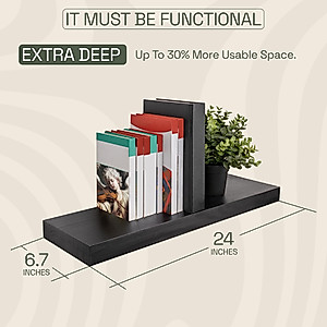 BAOBAB WORKSHOP Wood Floating Shelves Set of 2 - Black Floating Shelves for Wall - Wall Shelves for Bedroom Dark Wood - Black Bathroom Shelves - Floating Shelf Living Room - 24D x 6.7W