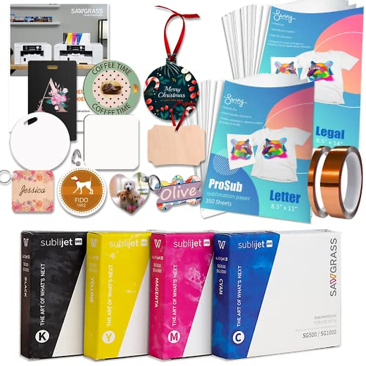 Sawgrass UHD Virtuoso SG500 Sublimation Printer Starter Bundle with Inks, 300 Sheets of Sublimation Paper, Tape, & Blanks