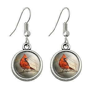 Cardinal Red Bird on Tree Branch Novelty Dangling Drop Charm Earrings