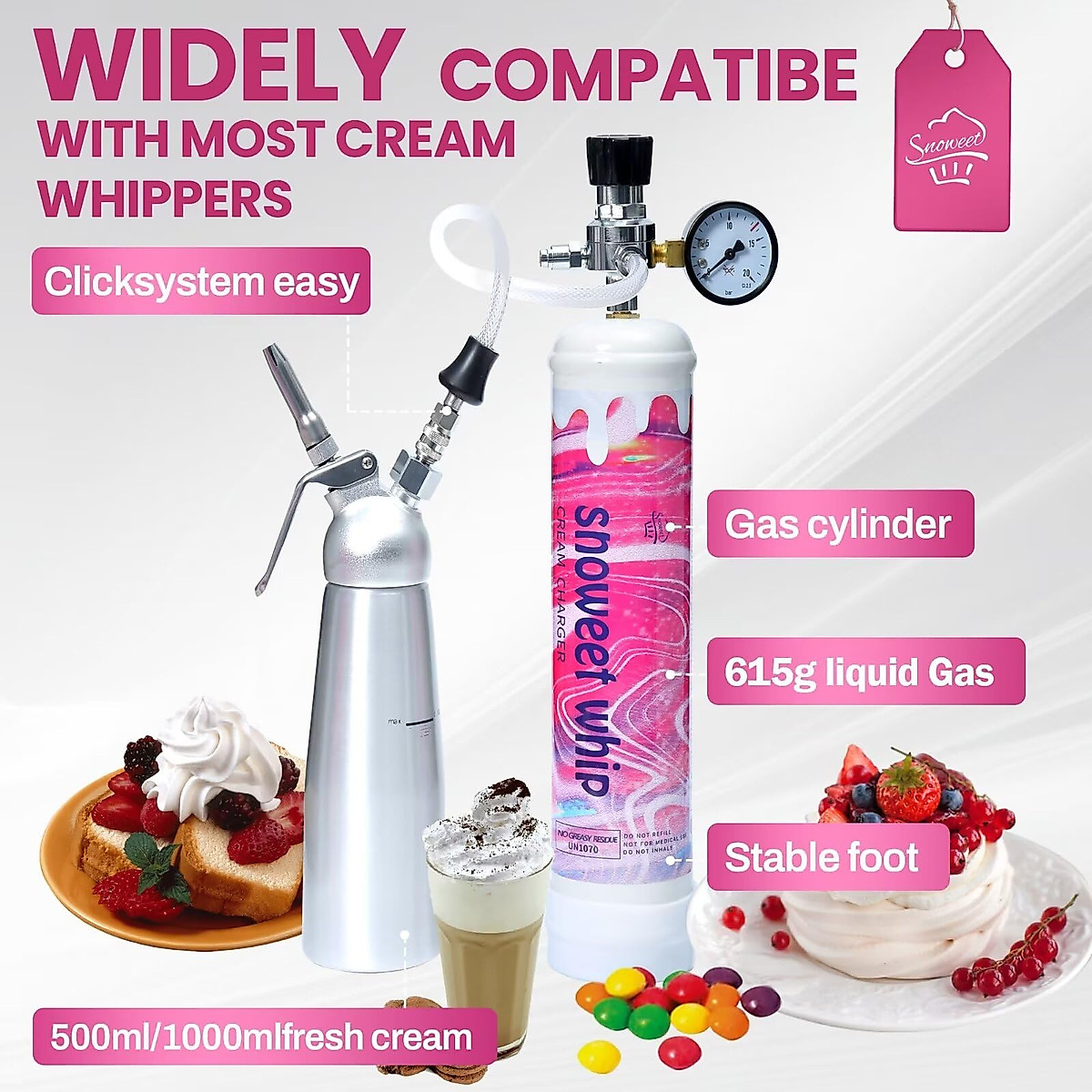Cream Charger Tanks Sturdy Base Steel Whipped Cream Dispensers 0.95L 615Gram Whipped Cream Canisters with1 nozzle (Rainbow Candy-1 Cylinder)