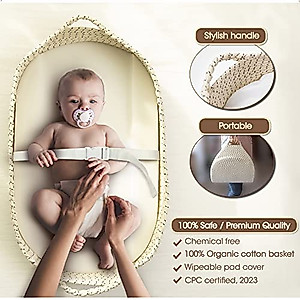 J&JOO Baby Changing Basket - Raised Side Foam Pad with Wipeable Waterproof Pad Cover, Built-in Security Strap, Handmade, Moses Basket Changing Table Topper Changing Pad